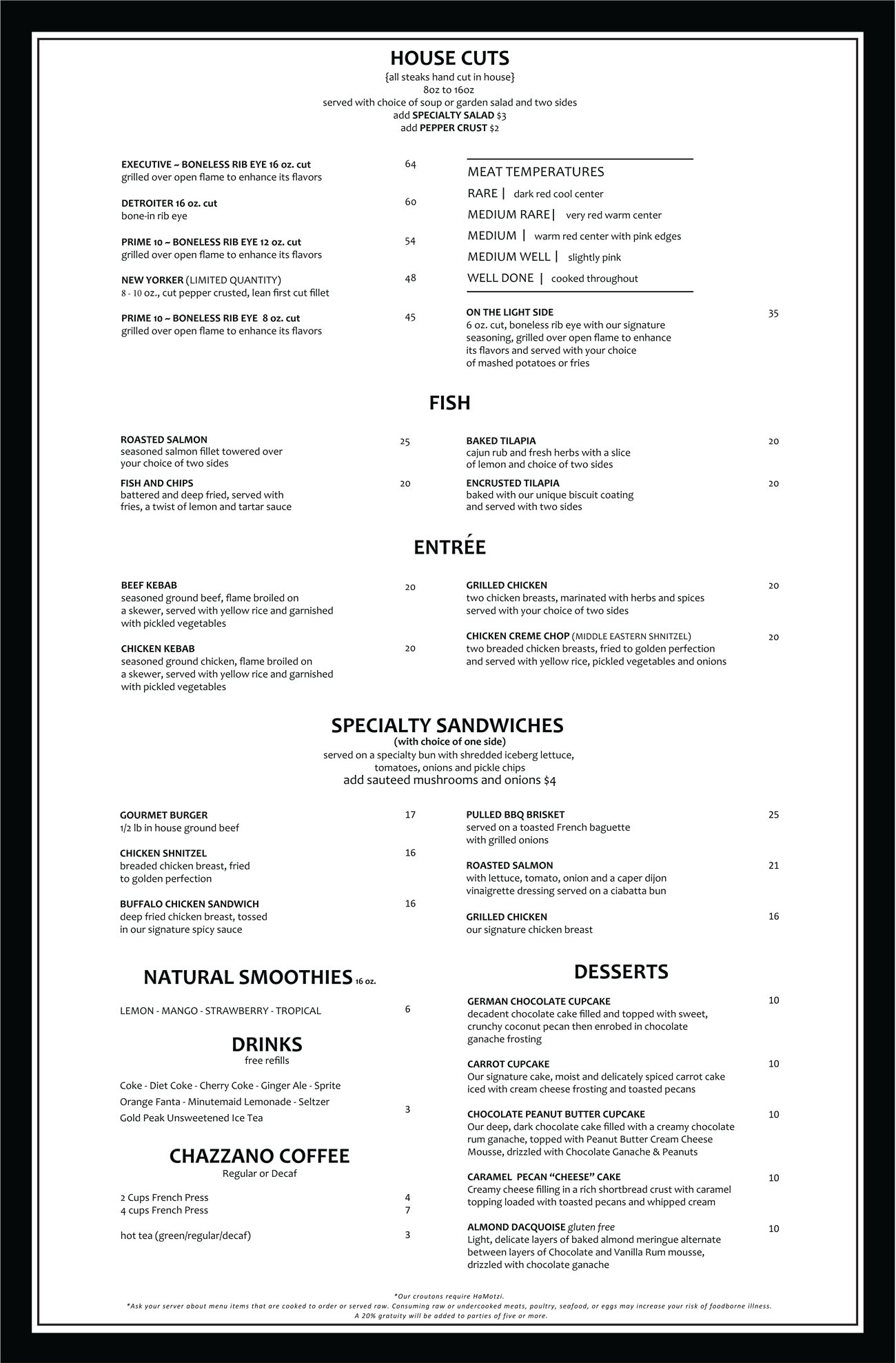 Prime 10 Dinner Menu - Prime 10